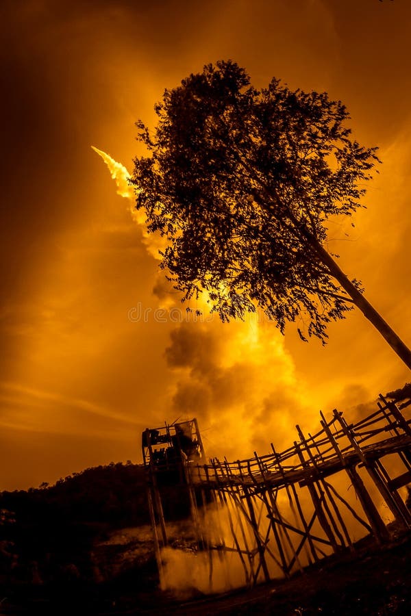 Fire Rocket in Orange Apocalyptic Sky Stock Photo - Image of outdoor ...
