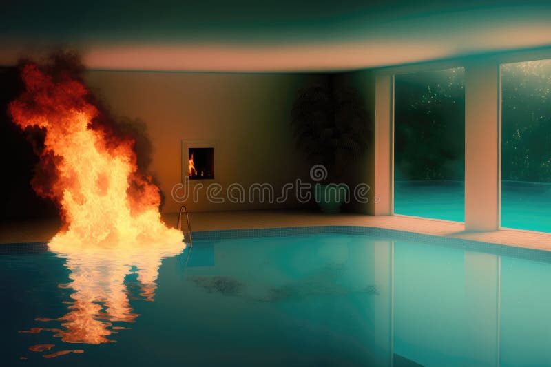Fire in a Room with a Swimming Pool. Generative AI Stock Illustration ...