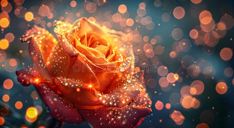 Fire Rose with Gold Glitters on Bokeh Background Stock Image - Image of ...