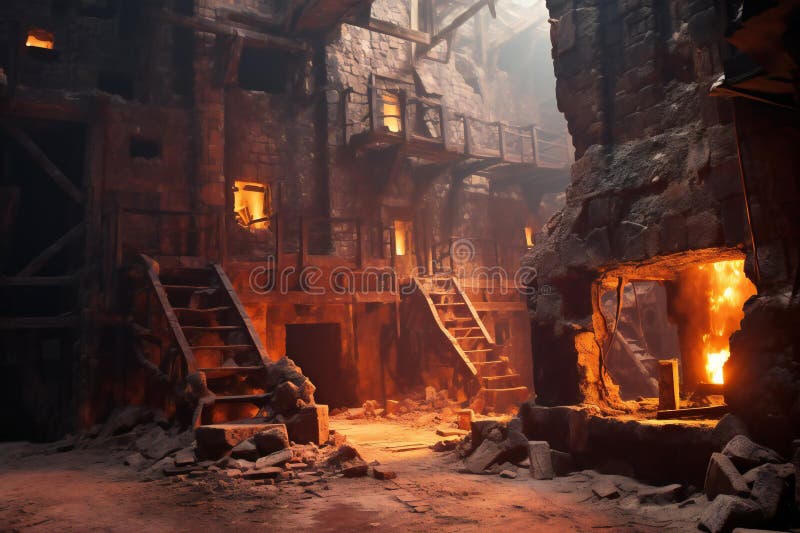Fire in a Ruined Building, Horror Scene, Horror Halloween Concept Stock ...