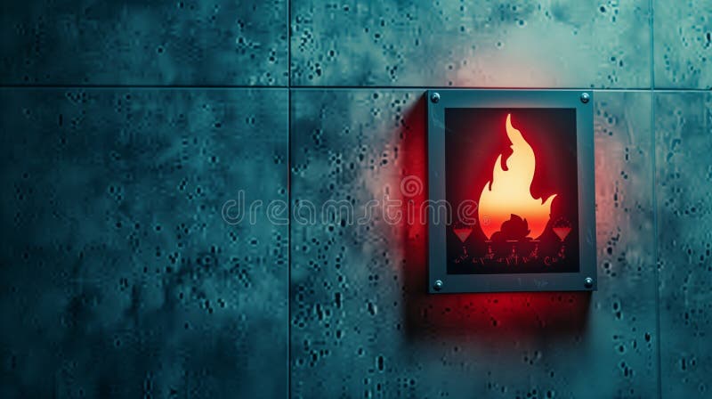A Fire Safety Sign with a Red Flame Icon on a Teal Wall Stock Image ...
