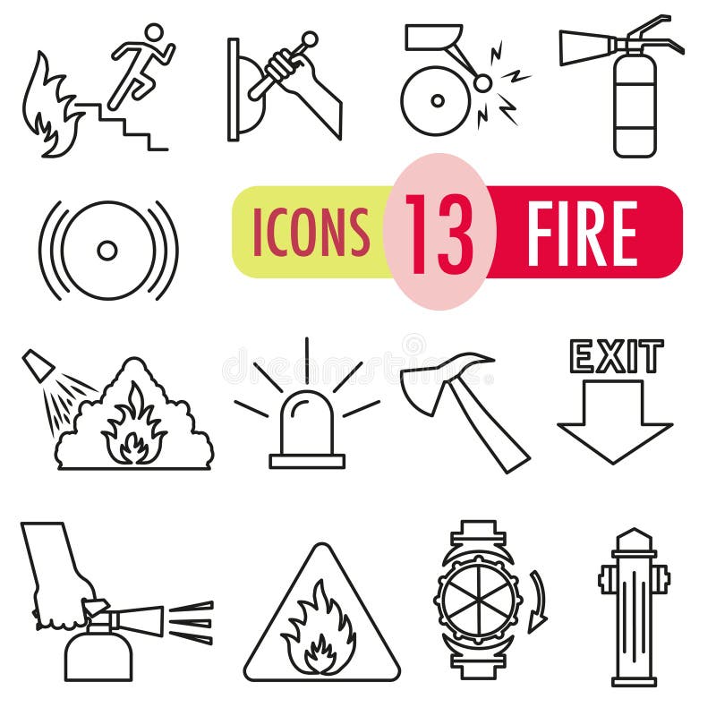 Fire Safety Sign. Fire Warnings and Actions. Fire Safety Icons Stock ...