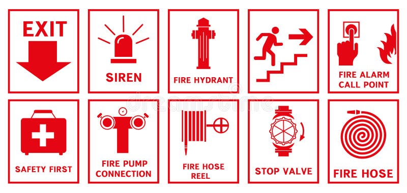 Fire Safety Sign. Fire Warnings and Actions Stock Vector - Illustration ...