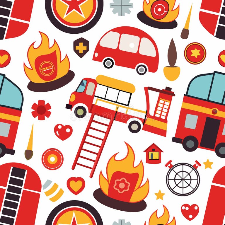 Fire Safety Themed Pattern. Simple Illustrations of Firetrucks ...