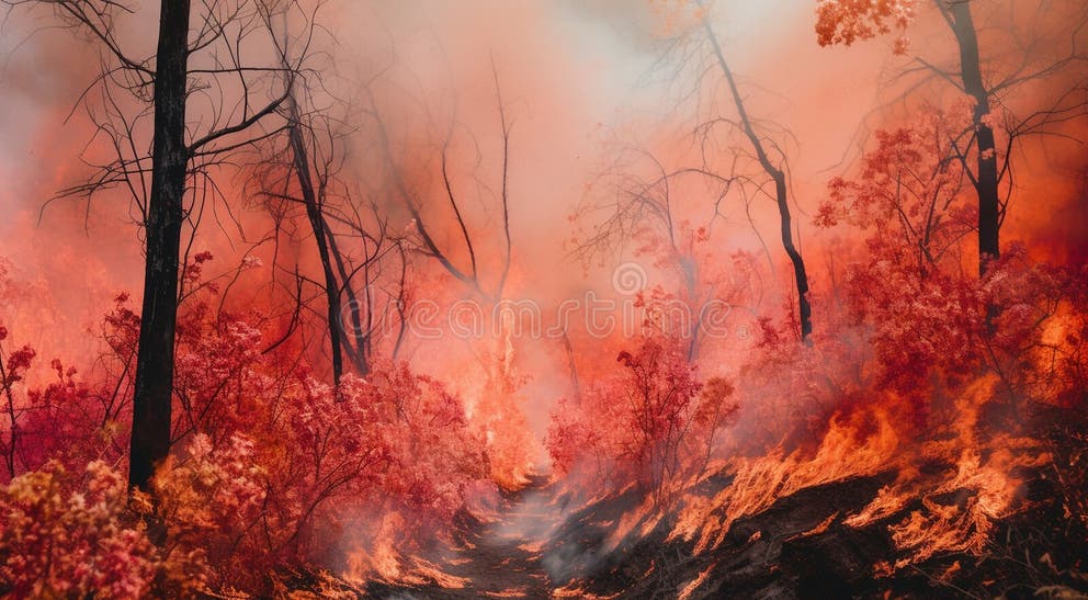 Fire Scene in Forest, Power Fire with Smoke in Forest Stock Photo ...
