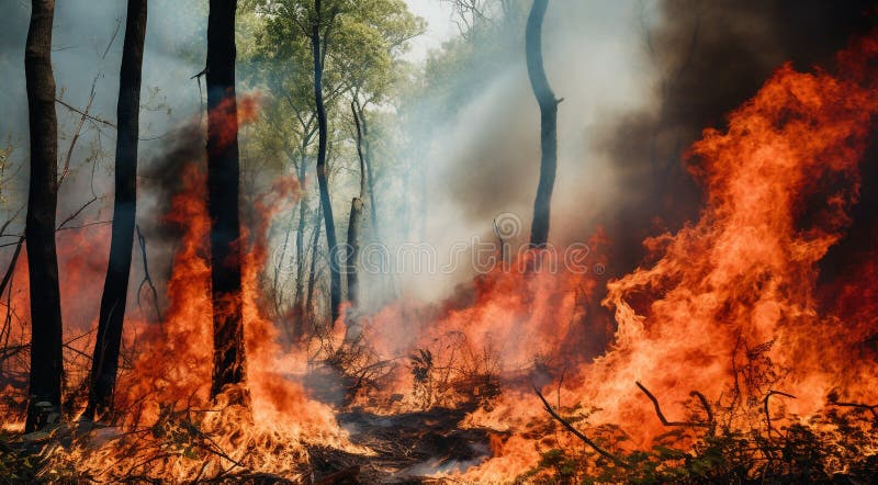 Fire Scene in Forest, Power Fire with Smoke in Forest Stock Image ...
