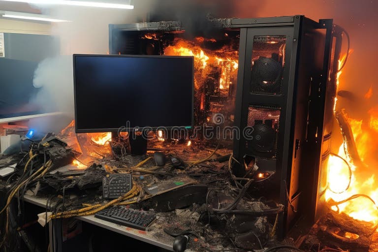 Fire Scene Unfolds As a Personal Computer, Overwhelmed by Intensive ...