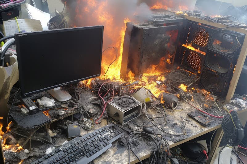 Fire Scene Unfolds As a Personal Computer, Overwhelmed by Intensive ...