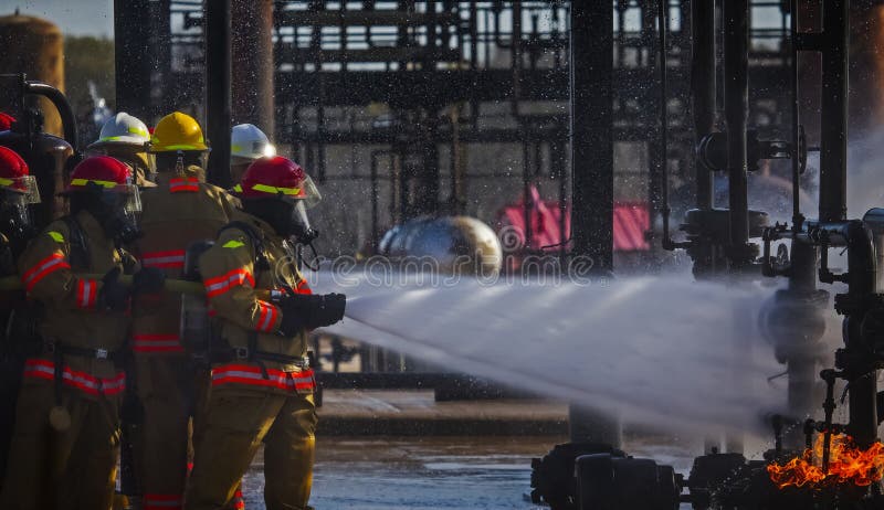 Refinery Fire Fighting Fire Monitor Stock Photo - Image of firemen ...