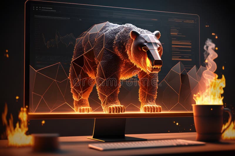 Fire Sculpture of Bear in Front of Computer Screen, Bearish Divergence ...