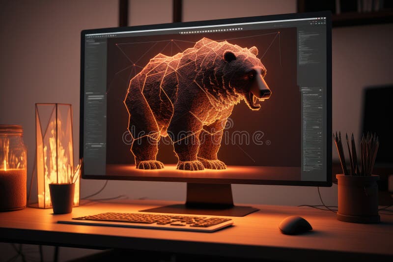 Fire Sculpture of Bear in Front of Computer Screen, Bearish Divergence ...