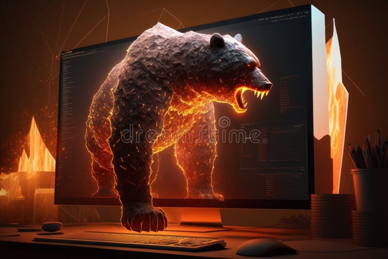 Fire Sculpture of Bear in Front of Computer Screen, Bearish Divergence ...