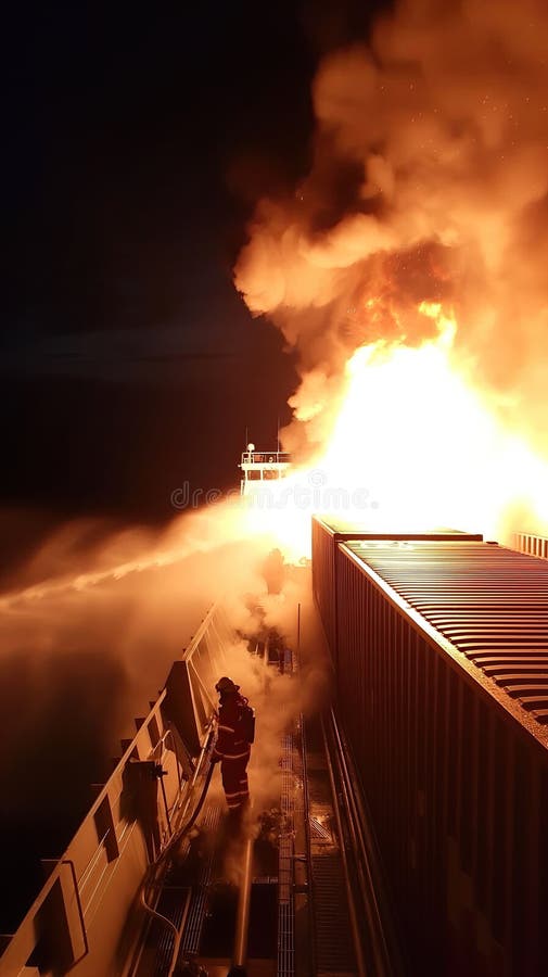 Fire on a Sea Container Ship Stock Image - Image of smoke, vessel ...