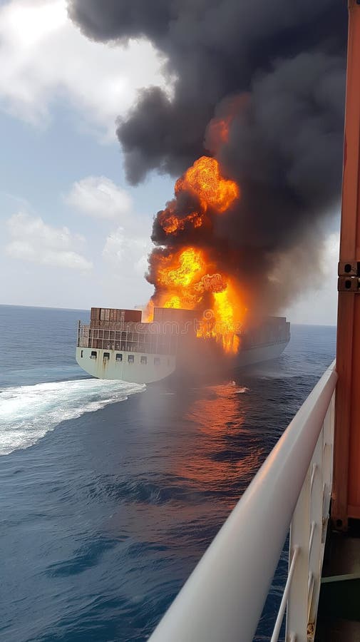 Fire on a Sea Container Ship Stock Image - Image of boat, ship: 307225085