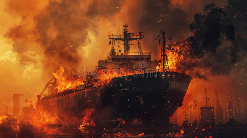 Fire in the Seaport Burning Ship, Cargo Ship. Stock Photo - Image of ...