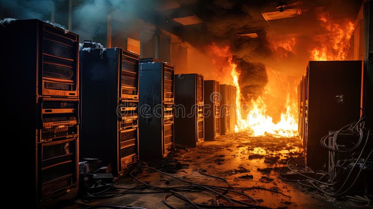 Fire in a Server Room with Burning Computers Stock Illustration ...