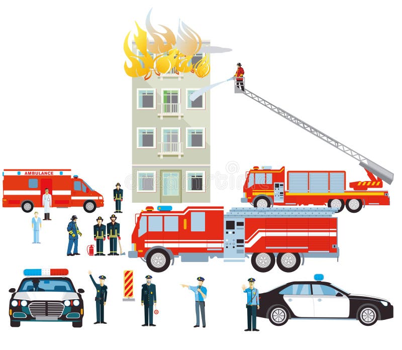 Fire Service Operation with Firemen and Police Officers, Illustration ...