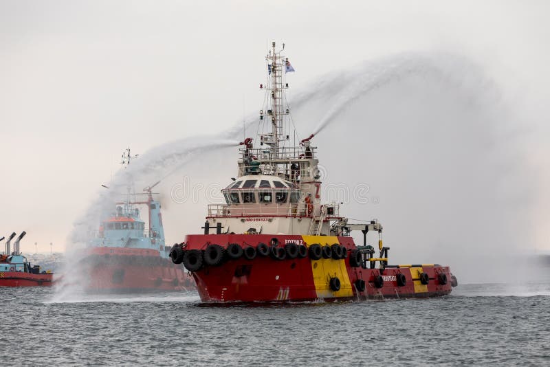 Fire Ships Throws Water during Extinguishes a Fire on in an Exercise ...