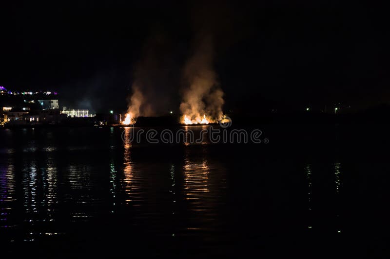 Fire on the Shore of the Lake, Burning a Lot of Vegetation. Stock Photo ...