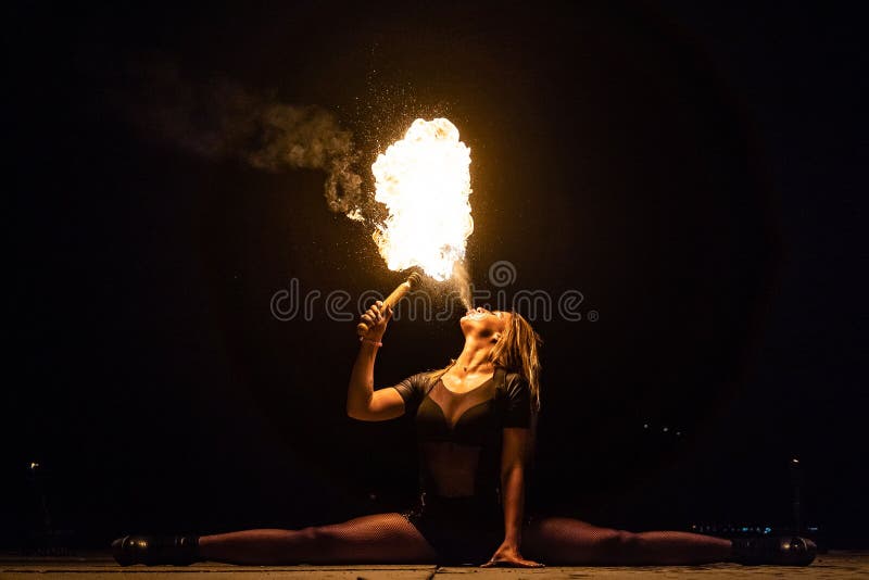 Fire Show Artist Breathe Fire in the Dark Editorial Stock Photo - Image ...