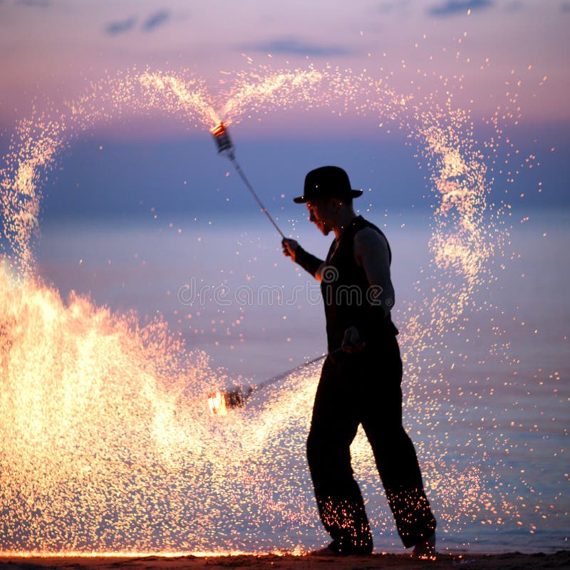 Fire Show on the Beach at Sunset Stock Image - Image of beach, artist ...