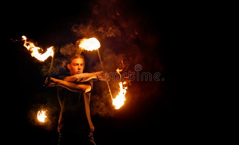 Fire Show. Dance with Staff Stock Image - Image of activity, flaming ...