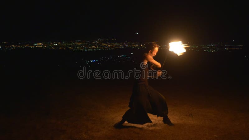 Fire Show Festival. Dance with Fire Poi Stock Video - Video of dancer ...
