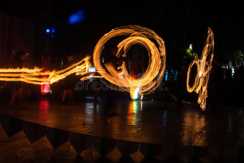 Fire Show Flaming Trails on Stage Slow Shutter Exciting Event Concept ...