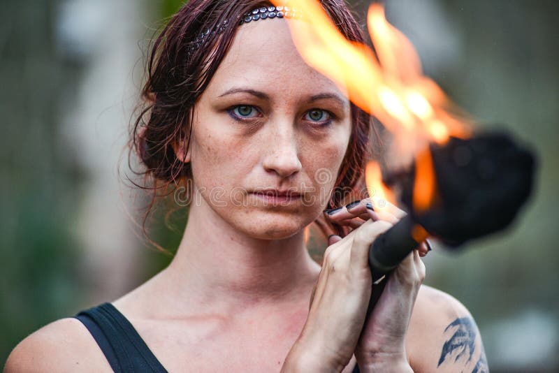 Fire Show Girl with Flaming Torches Stock Image - Image of circus ...