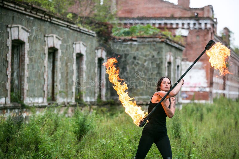 Fire Show Girl with Flaming Torches Stock Image - Image of dance ...