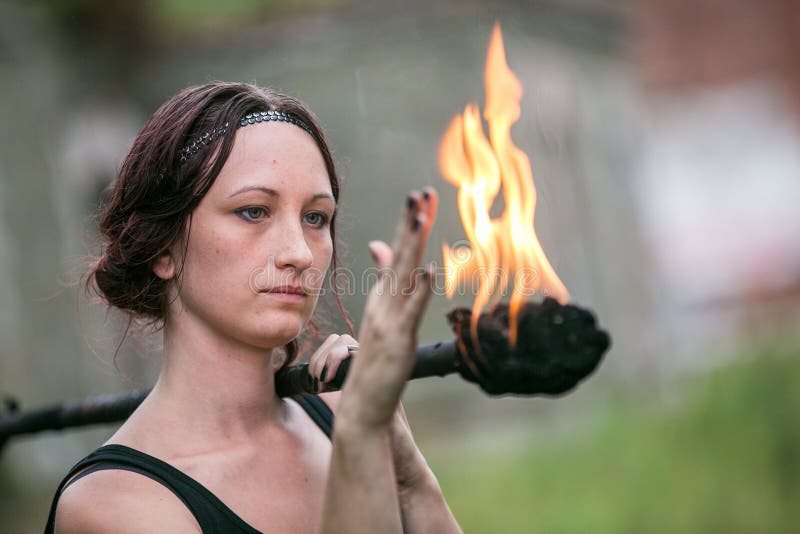 Fire Show Girl with Flaming Torches Stock Image - Image of flaming ...