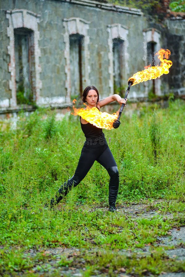Fire Show Girl with Flaming Torches Stock Image - Image of heat, beauty ...