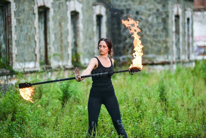Fire Show Girl with Flaming Torches Stock Photo - Image of nature ...
