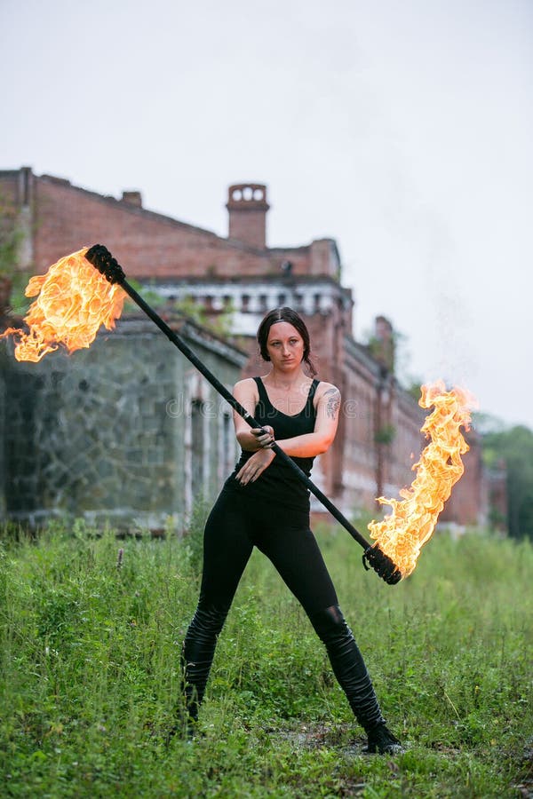 Fire Show Girl with Flaming Torches Stock Image - Image of dangerous ...