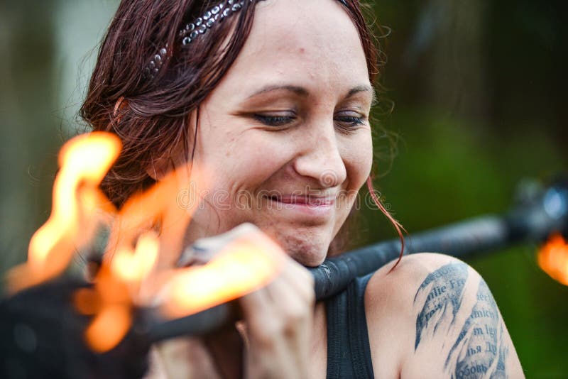 Fire Show Girl with Flaming Torches Stock Image - Image of effect ...