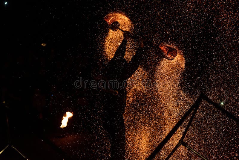 Fire Show. Man in Action with Fire. Danger, Performance Stock Photo ...