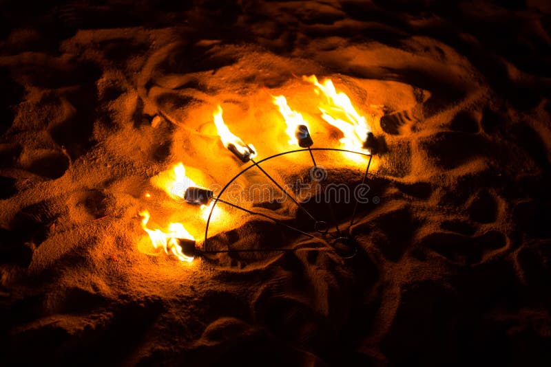 Fire Show Fire Movement. Fan of Fire on the Sand. Stock Image - Image ...
