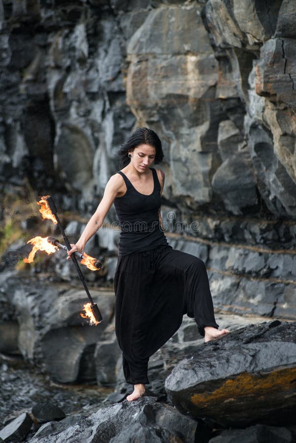 Fire Show on the Shore of the Sea Stock Image - Image of krabi, danger ...