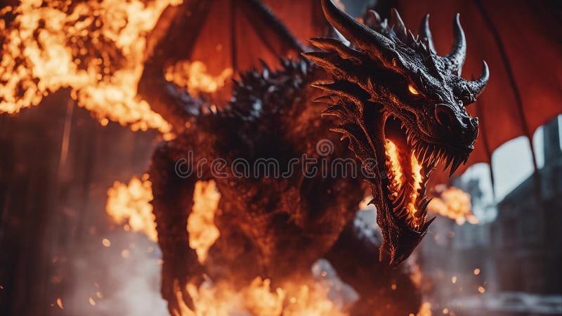 Fire in the Sky Molten Roch Devil Demon Dragon Attacking Stock ...