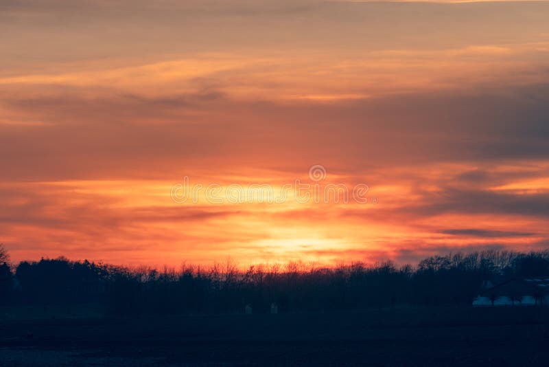 Fire in the Sky Sunset Over a Row of Tree Silhouettes Stock Image ...