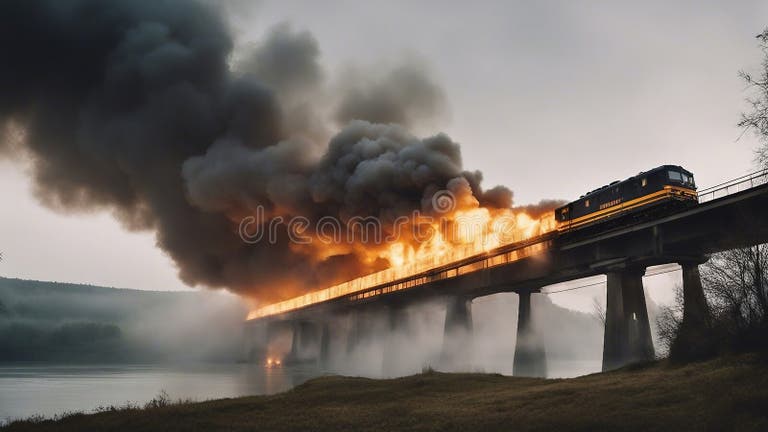 Fire and Smoke a Burning Train on Fire, Exploding, that Crosses a ...