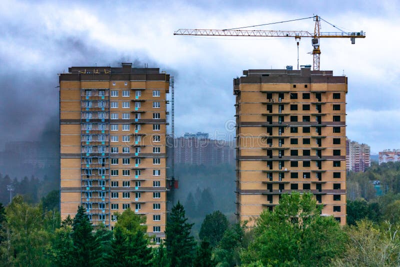 Fire and Smoke in a High-rise Building Under Construction Stock Image ...