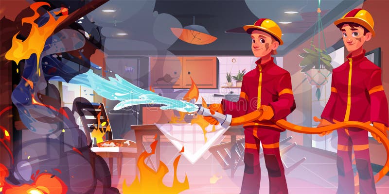 Fire Smoke on House Kitchen and Firefighter Vector Stock Vector ...