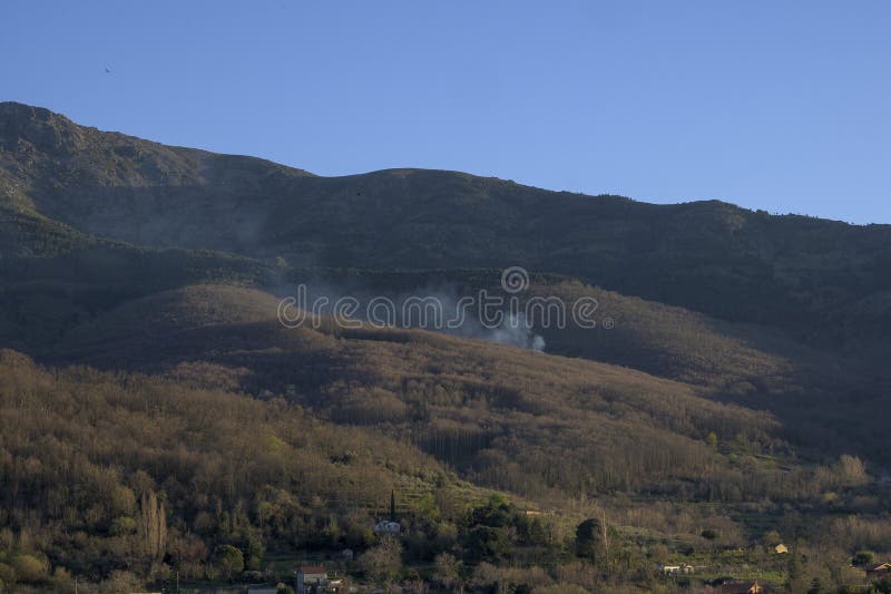 Fire Smoke in Mountain Start of a Forest Fire Horizontally Stock Photo ...