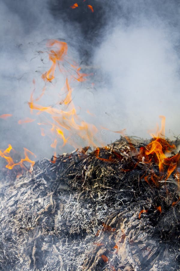 Fire and Smoke Over a Pile of Ash. Stock Image - Image of flame ...