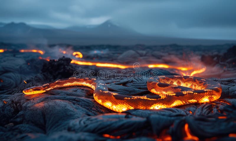 Fire Snake in Volcanic Landscape, Fantastic Glowing Snake Stock Image ...