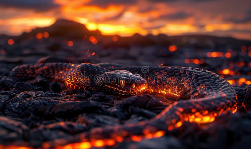 Fire Snake in Volcanic Landscape, Fantastic Glowing Snake Stock Photo ...