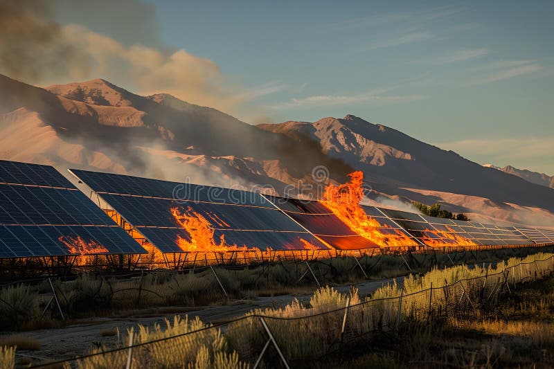 Fire on Solar Panels at a Power Plant. Stock Illustration ...