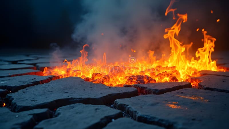 A Fire Spreading Across a Stone Surface with Cracks and Glowing Embers ...