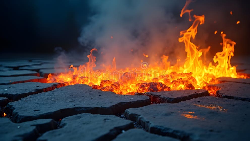 A Fire Spreading Across a Stone Surface with Cracks and Glowing Embers ...